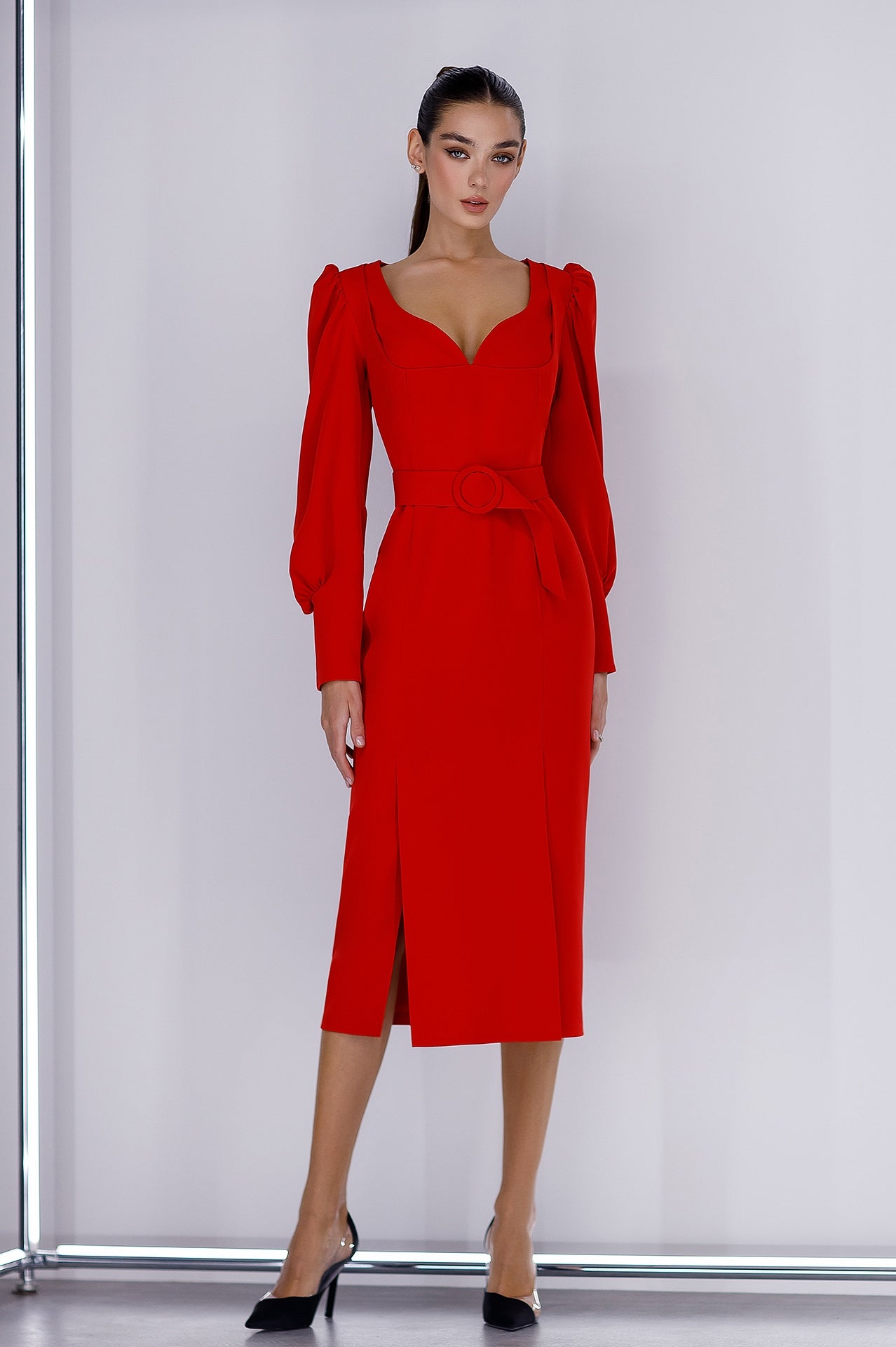 Red Puff-Sleeve Belted Midi Dress