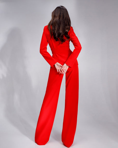 Red Belted Wide-Leg Suit 3-Piece – ELAGIA