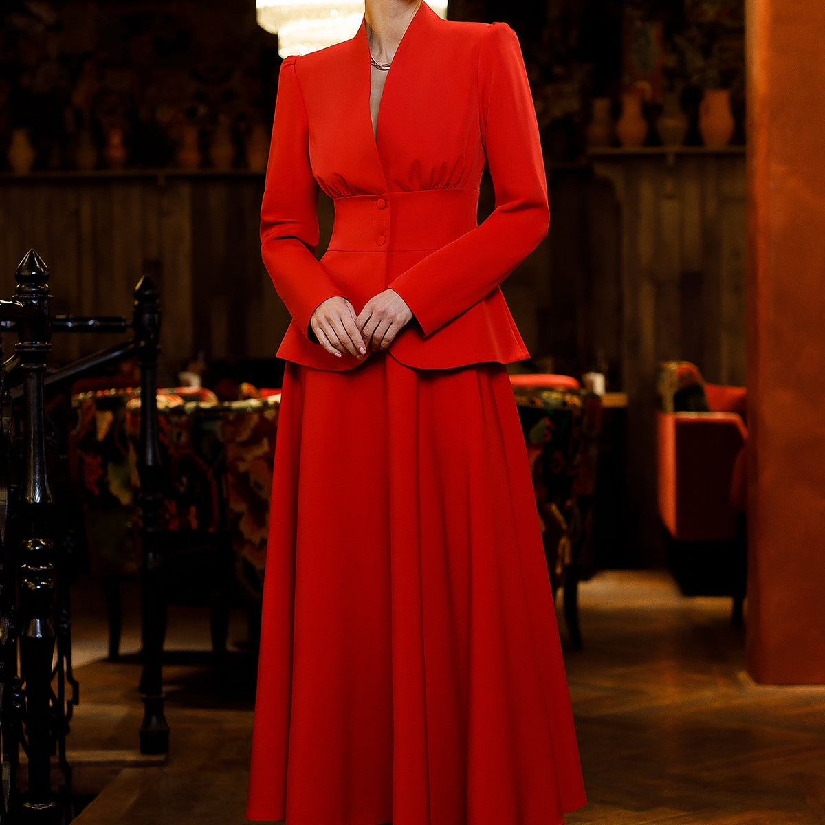Stella Red Collarless Jacket Midi Skirt Suit 2-Piece – ELAGIA