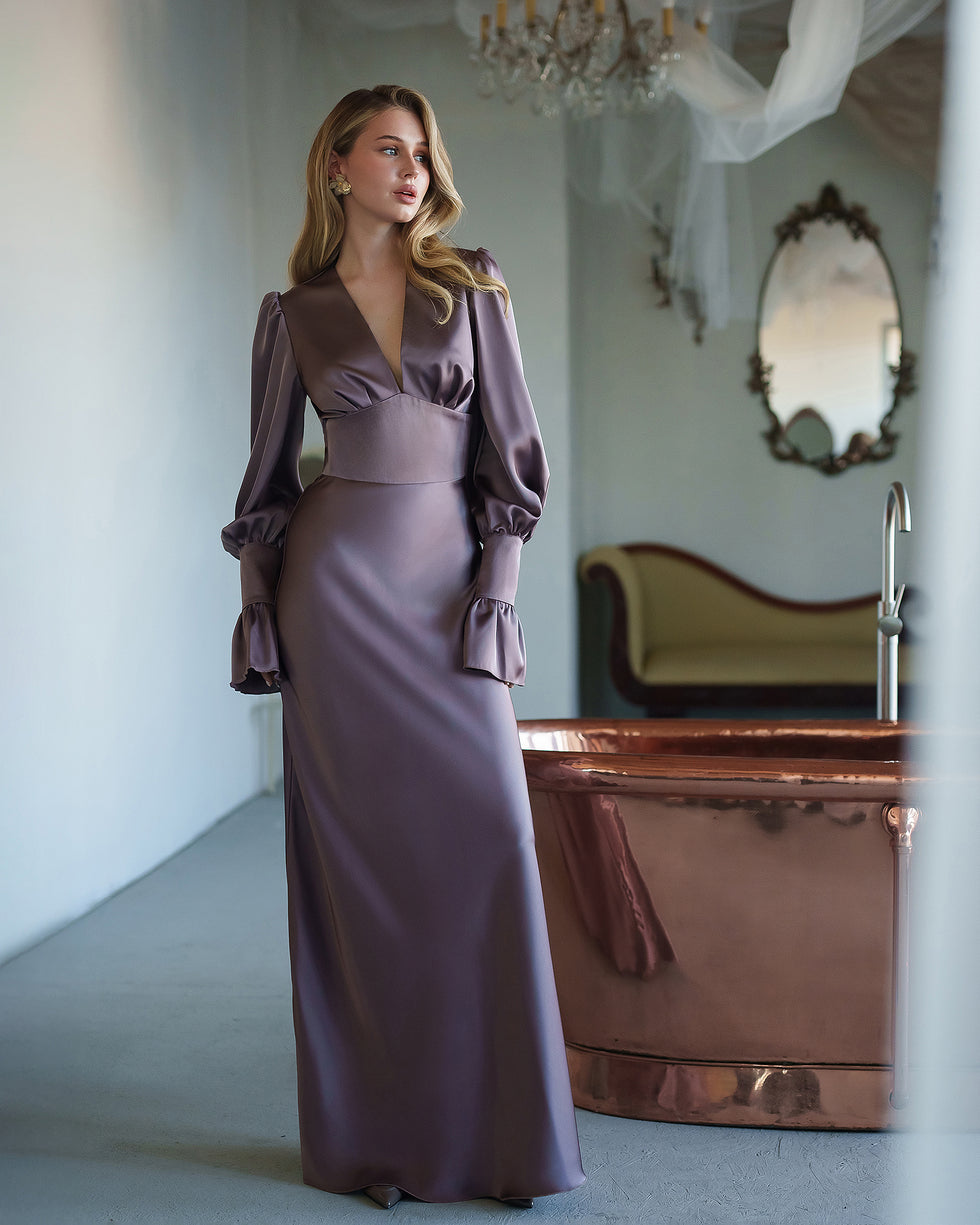 Gloria Mocco Satin V-Neck Puff Sleeve Maxi Dress | ELAGIA