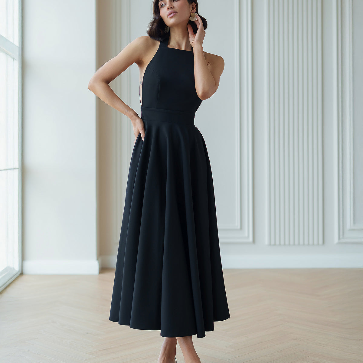 Julie Black Halter Neck Midi Dress | ELAGIA