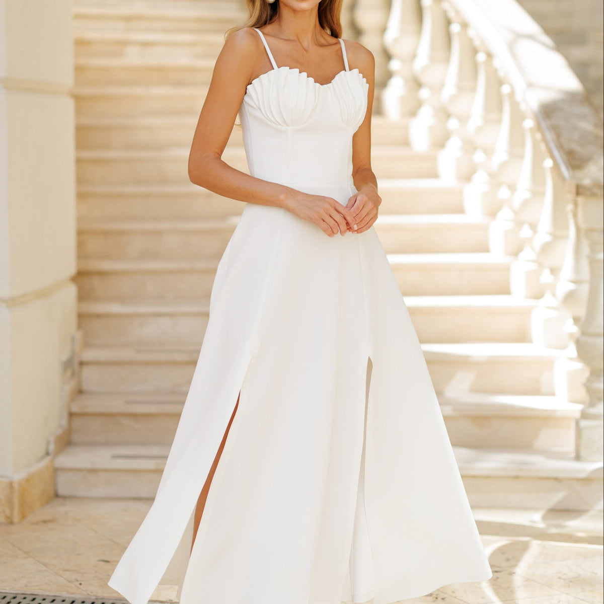 White Shell-Pleated Bustier Spaghetti Strap Midi Dress – ELAGIA