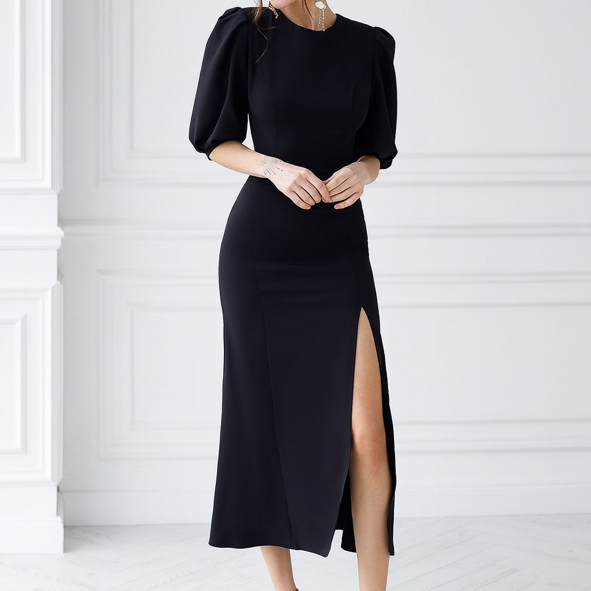 Black Puff-Sleeve Midi Dress – ELAGIA
