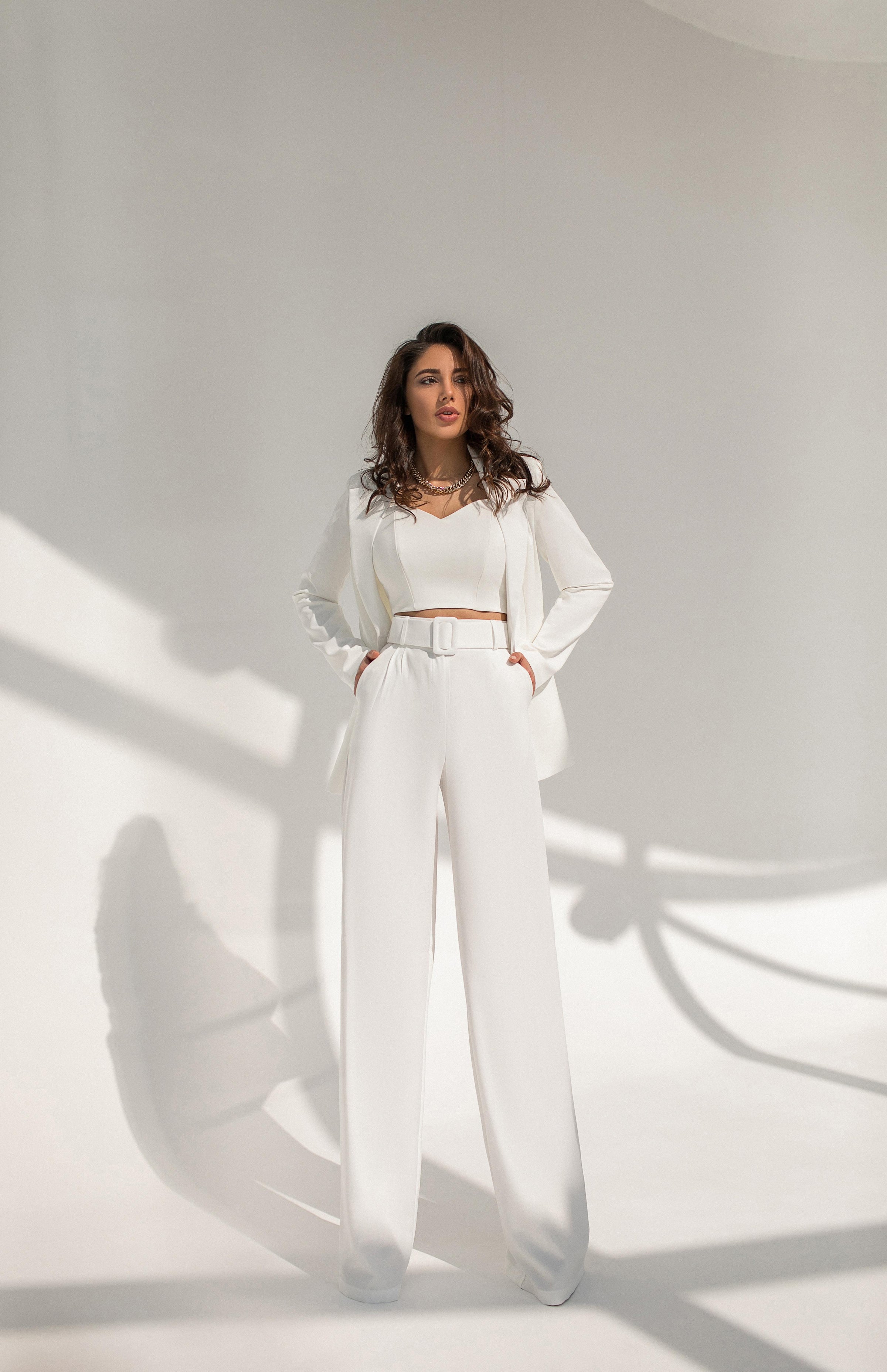 White Belted Wide-Leg Suit 2-Piece