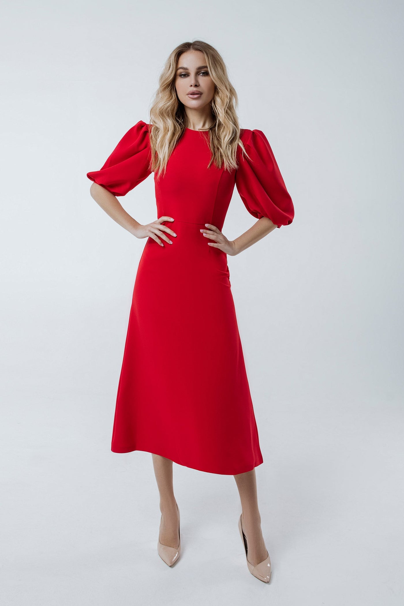 Red Puff Sleeve Midi Dress – ELAGIA