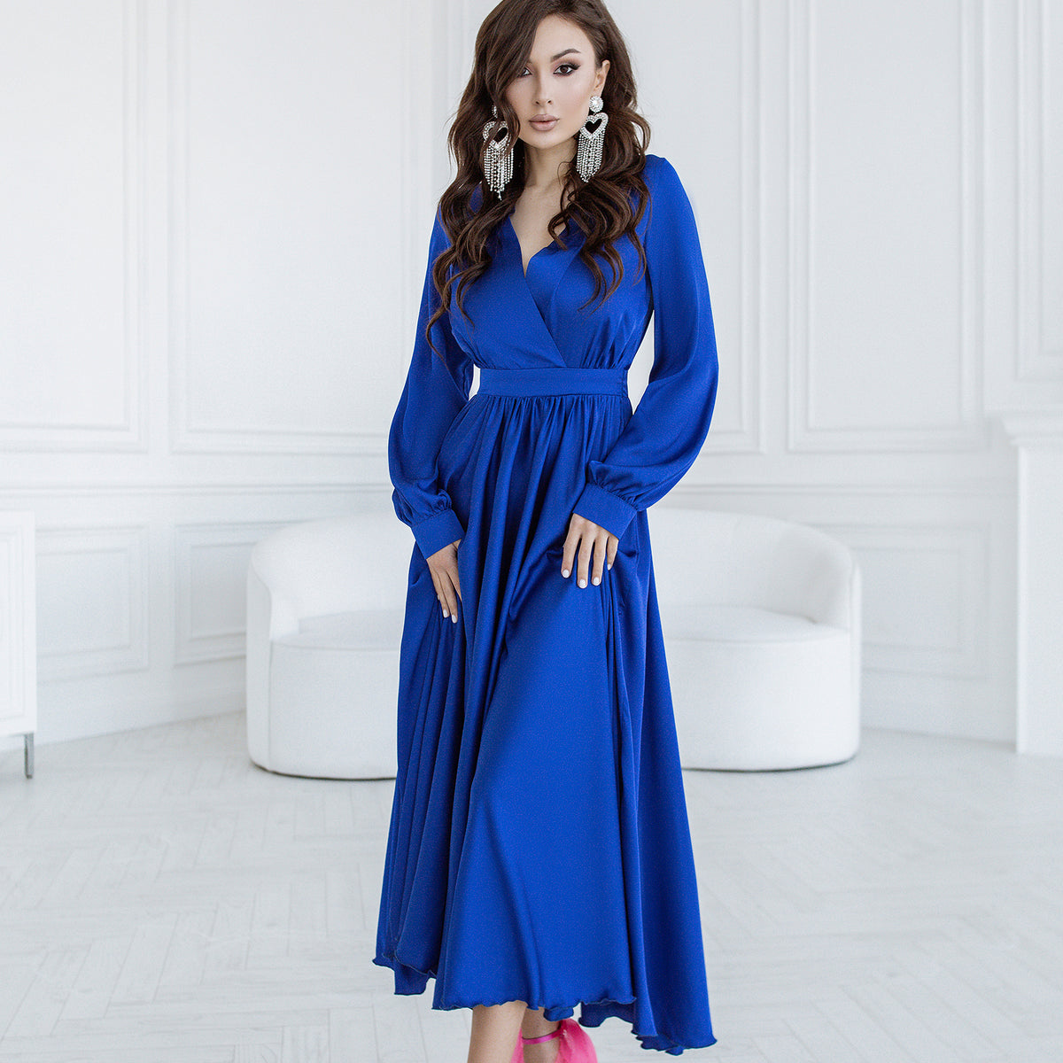 Blue Silk Long Sleeve Maxi Dress – ELAGIA