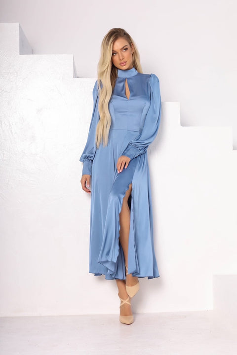 Sky-Blue Silk Long Sleeve Maxi Dress – ELAGIA